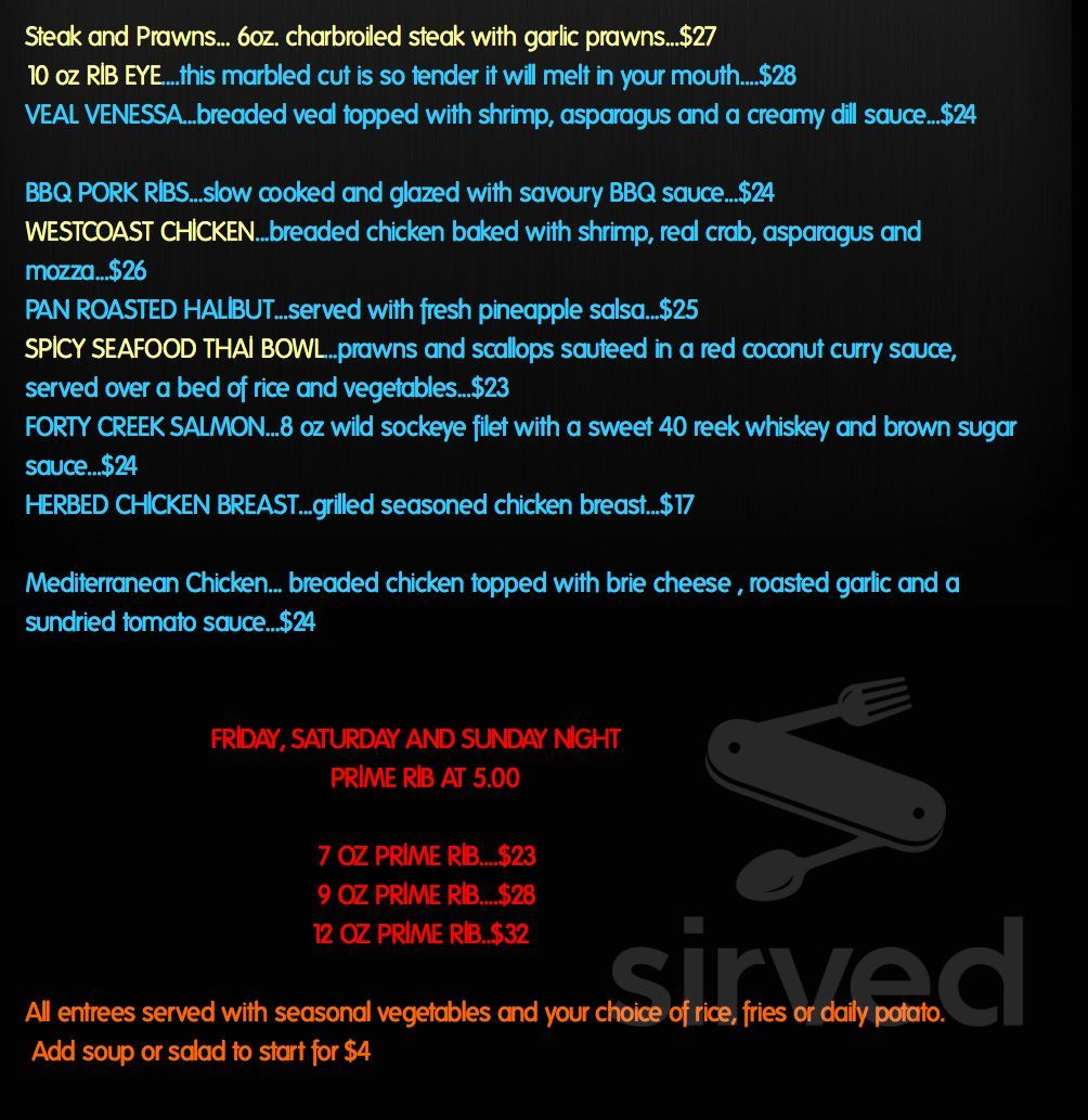 Wildcat Grill menu in Rosedale, British Columbia, Canada