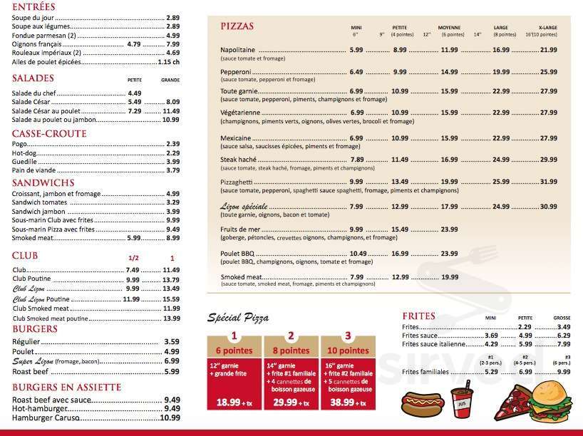 Bar Chez Lizon menu in Saint-Apollinaire, Quebec G0S 2E0, Canada