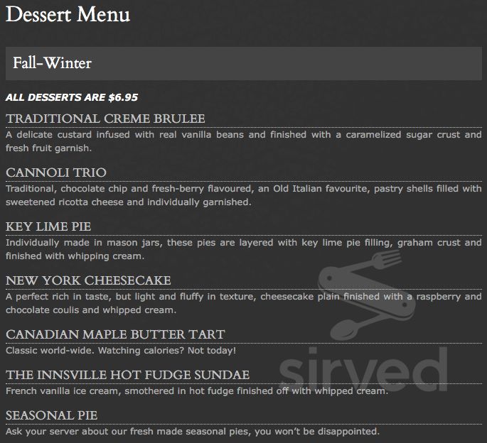 The Innsville Restaurant menu in Stoney Creek, Ontario, Canada