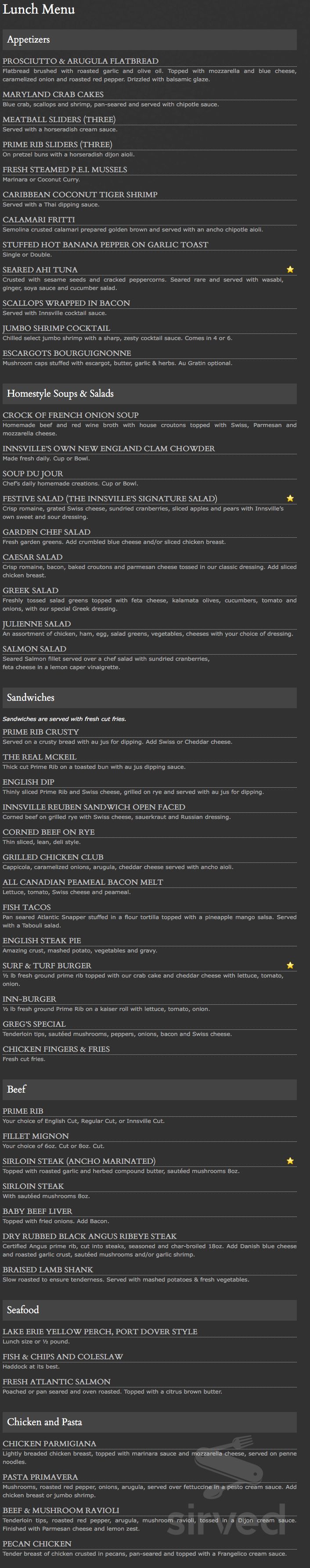 The Innsville Restaurant menu in Stoney Creek, Ontario, Canada