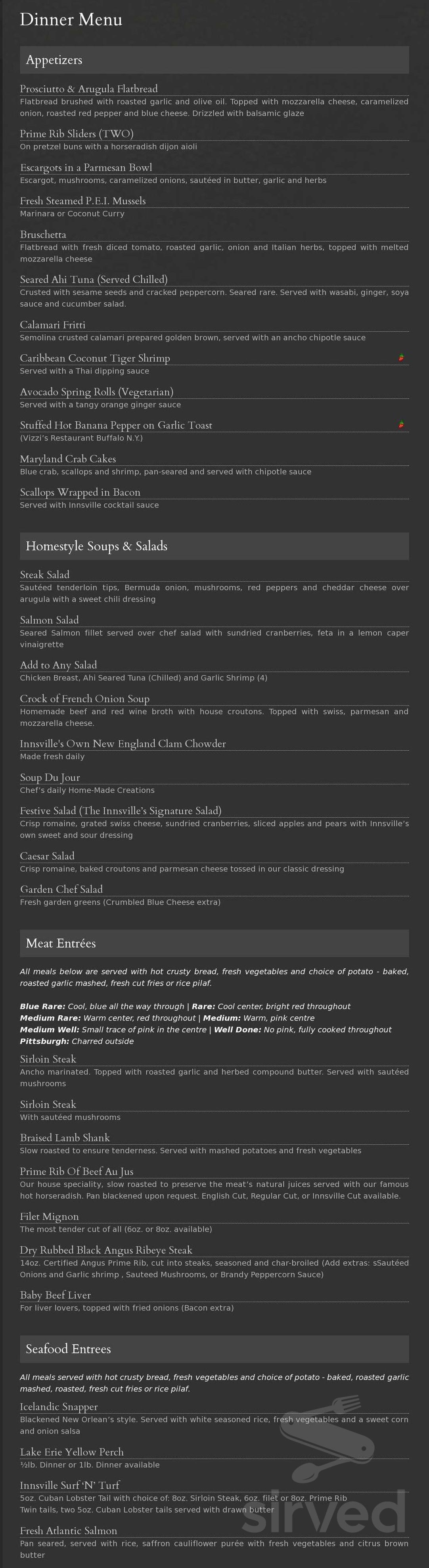 The Innsville Restaurant menu in Stoney Creek, Ontario, Canada