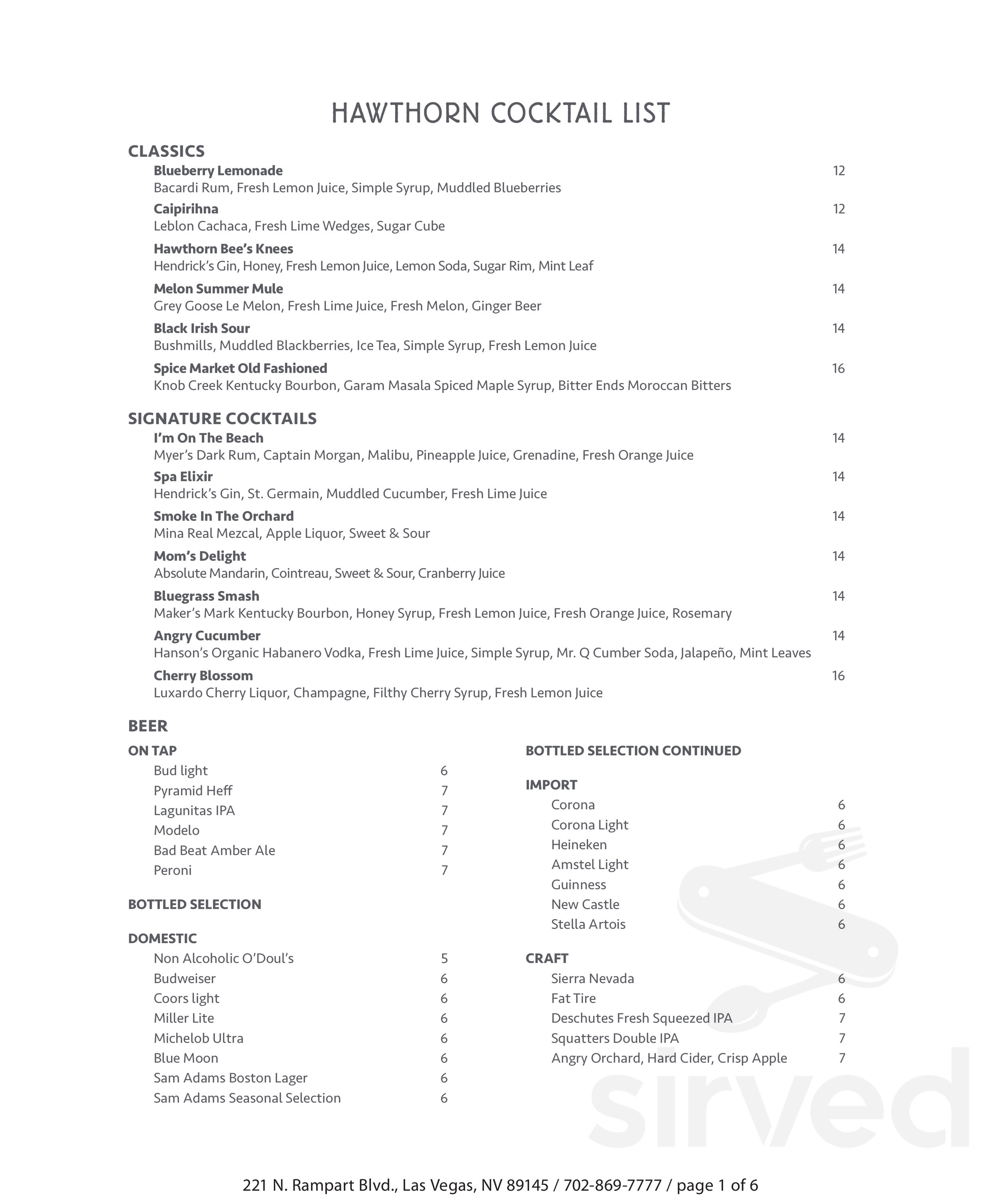 Hawthorn Grill menu in Las Vegas, Nevada, USA