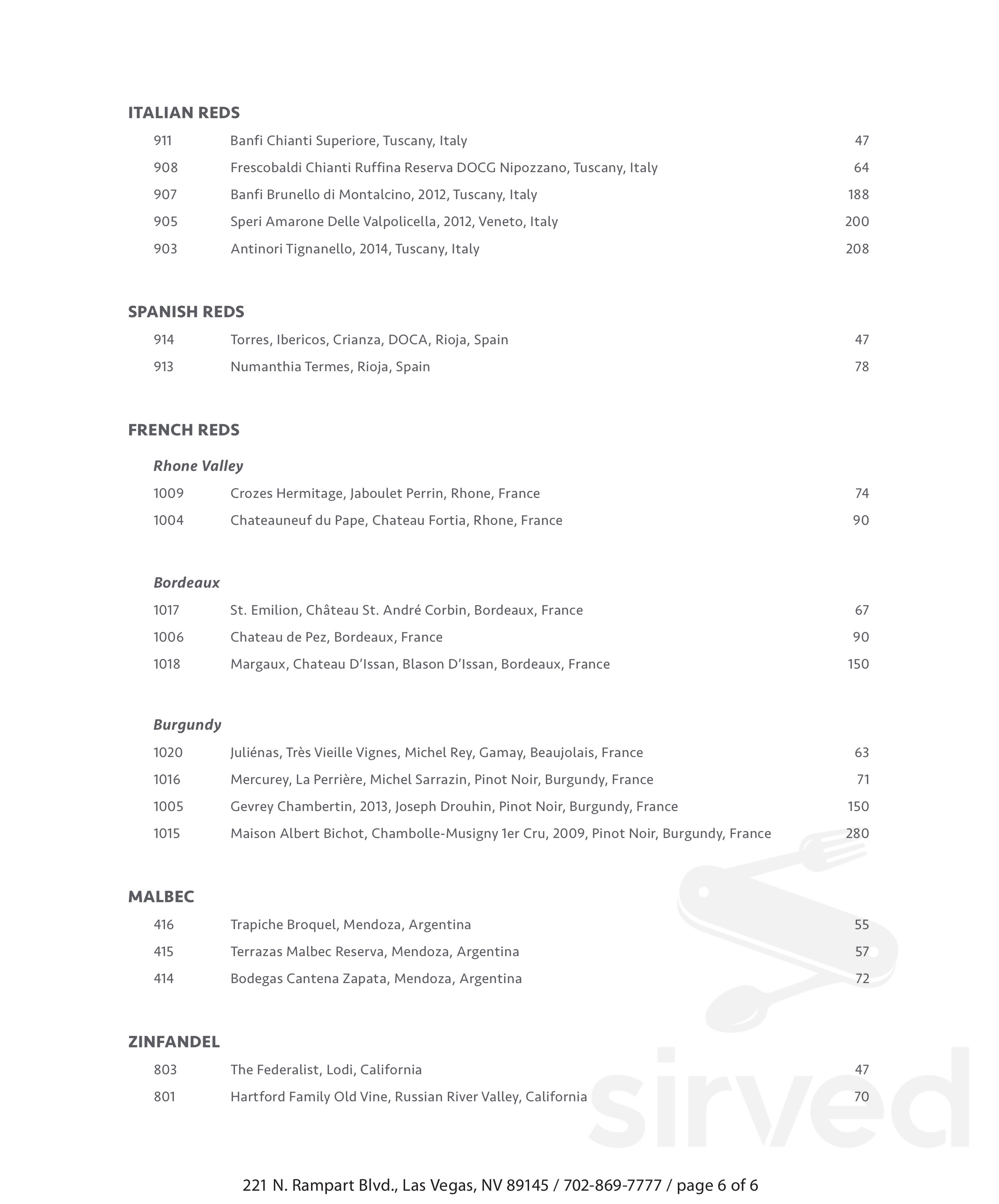 Hawthorn Grill menu in Las Vegas, Nevada, USA