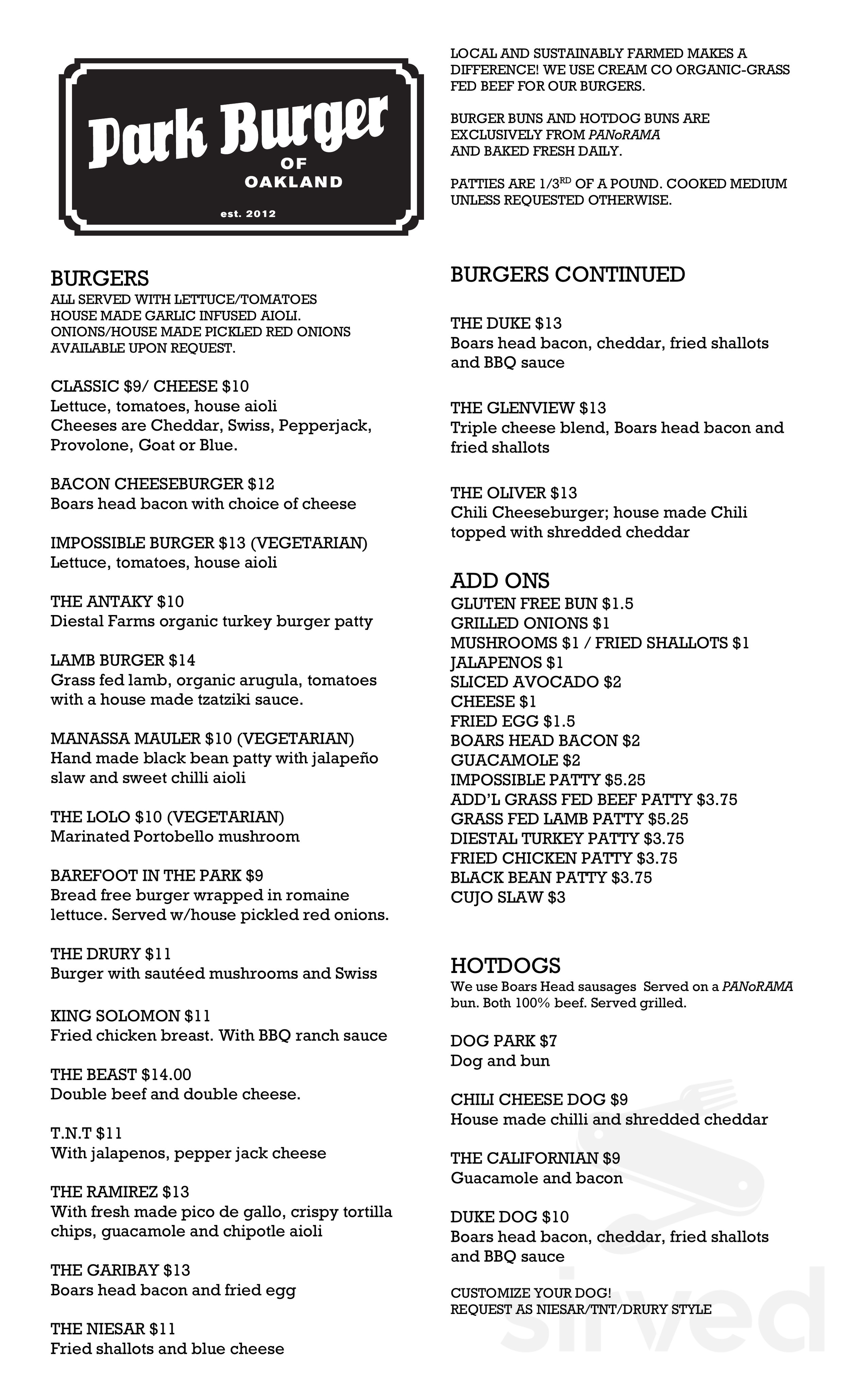 Menu for Park Burger in Oakland, CA | Sirved
