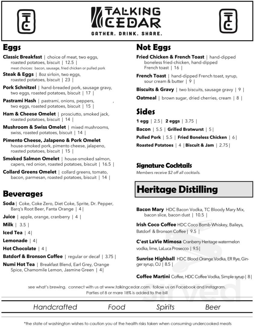 Menu - Rochester WA's Talking Cedar | Sirved