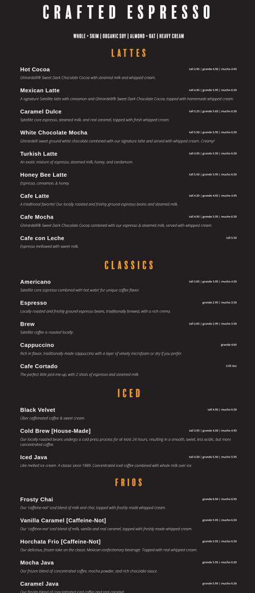 Satellite Coffee menu in Albuquerque, New Mexico, USA