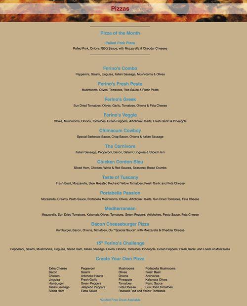 Ferino's Pizzeria menu in Port Hadlock-Irondale, Washington, USA