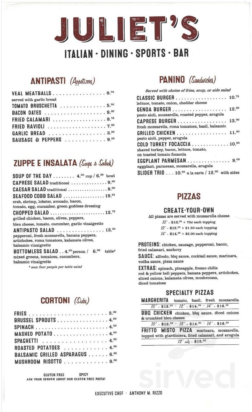 Juliet's Tavern menu in Joliet, Illinois, USA