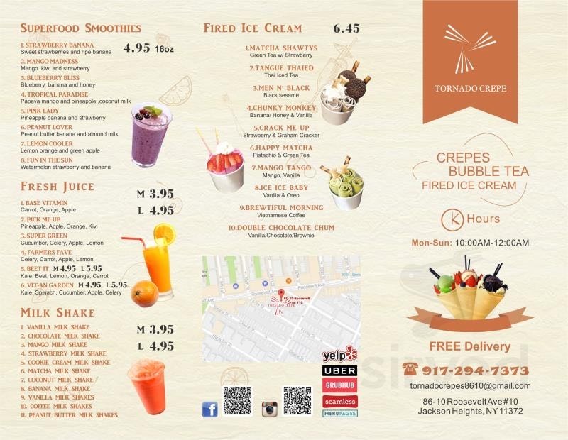 Menu - Jackson Heights NY's Tornado Crepe | Sirved
