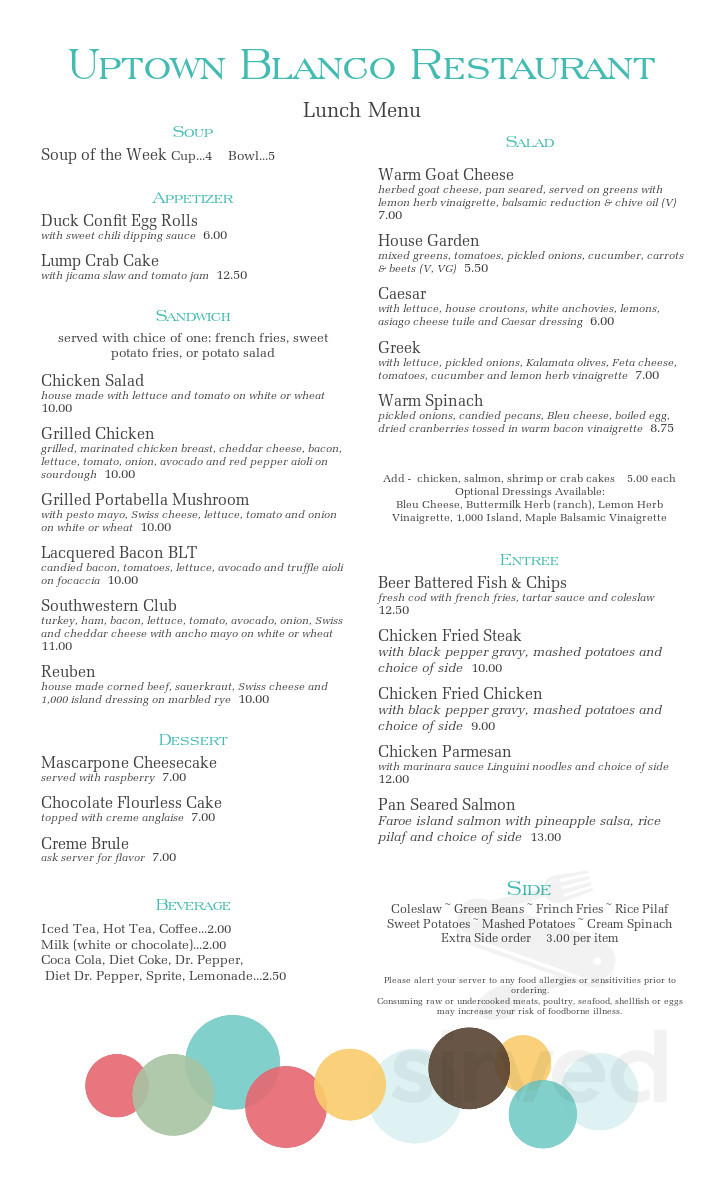 Uptown Blanco Restaurant menu in Blanco, Texas, USA