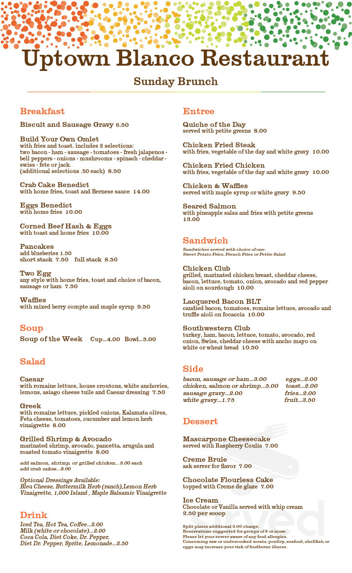 Uptown Blanco Restaurant menu in Blanco, Texas, USA