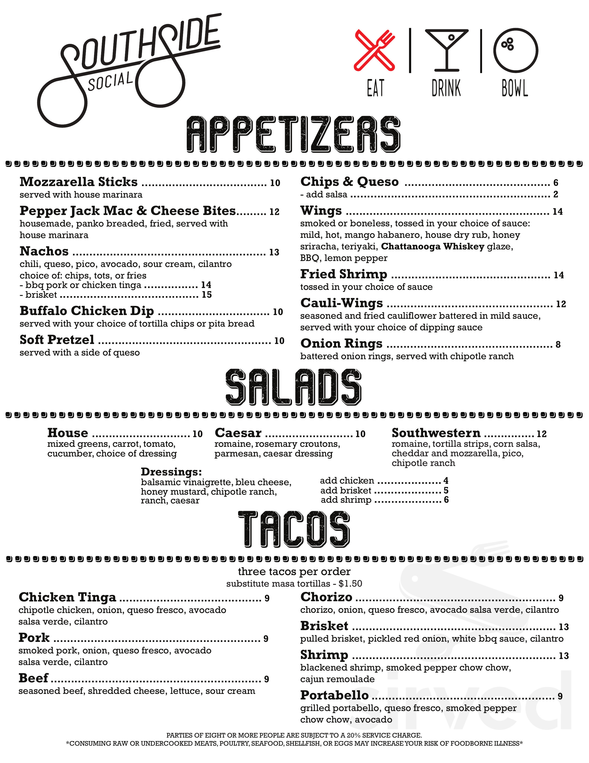 Southside Social menu in Chattanooga, Tennessee, USA