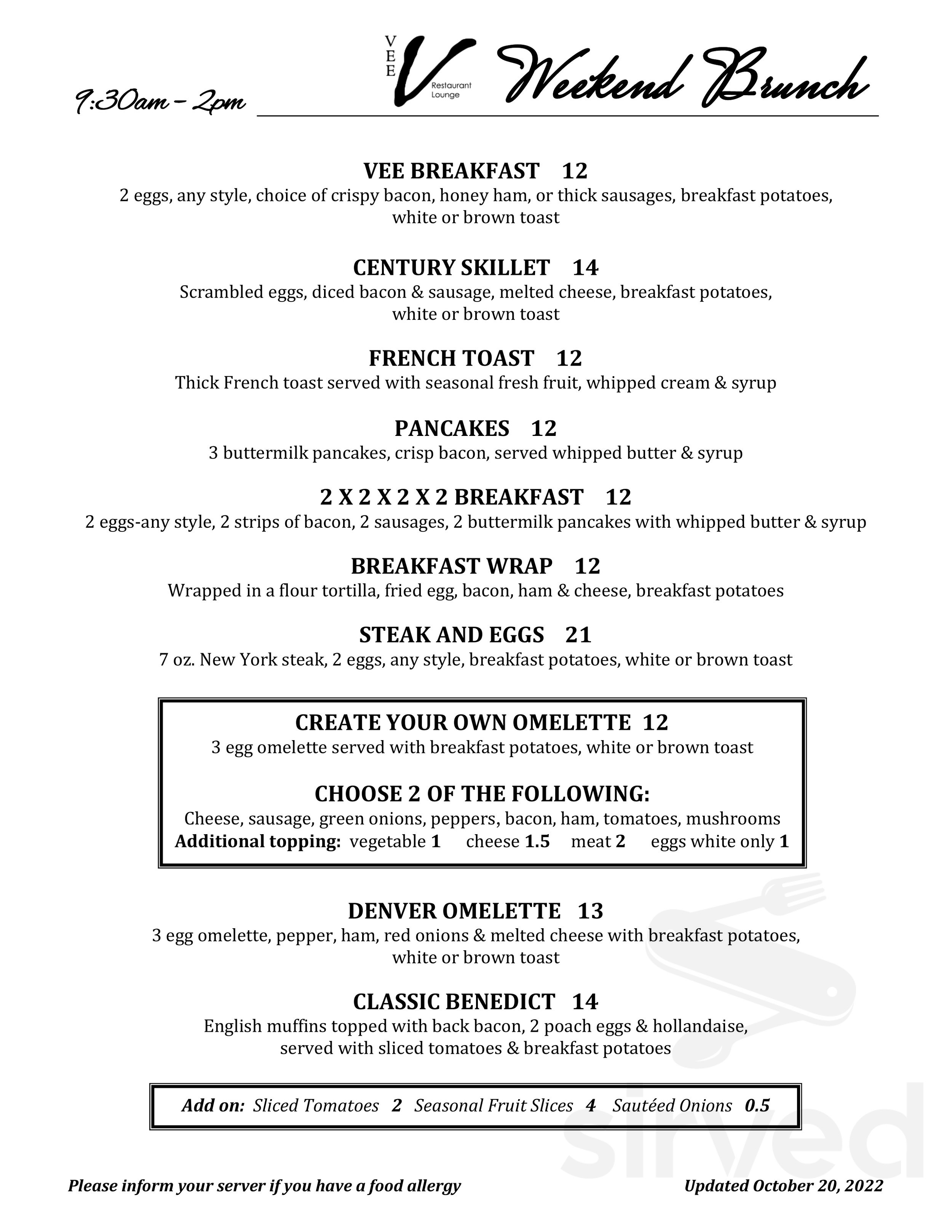Vee Restaurant & Lounge menu in St. Albert, Alberta, Canada