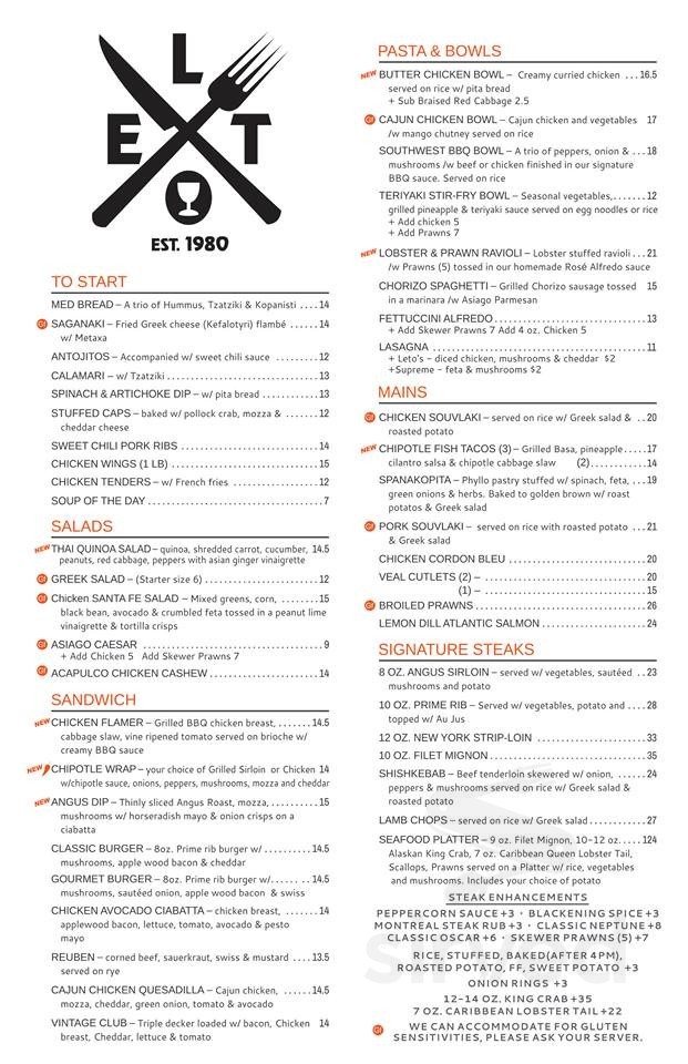 Leto's Steakhouse & Bar menu in Lacombe, Alberta, Canada