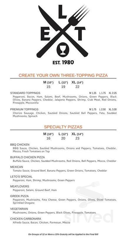 Leto's Steakhouse & Bar menus in Lacombe, Alberta, Canada
