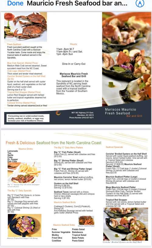 Mariscos Mauricios Fresh Seafood Bar & Grill menu in Aberdeen, North ...