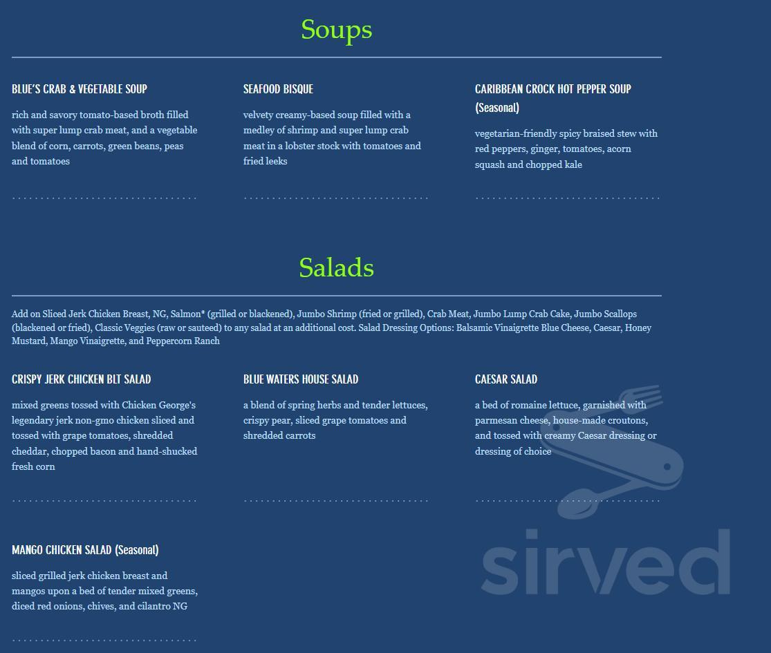 Menu - Temple Hills MD's Blue Waters Caribbean & Seafood Grill | Sirved