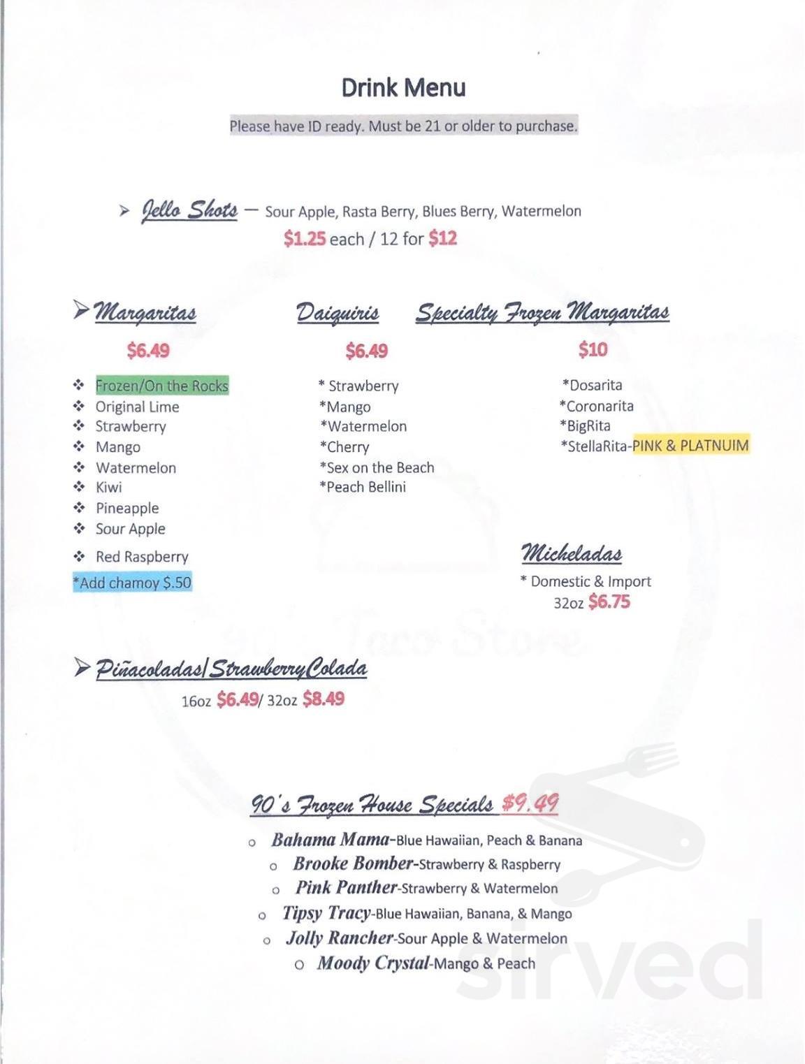 90's taco Store menu in D'Hanis, Texas, USA