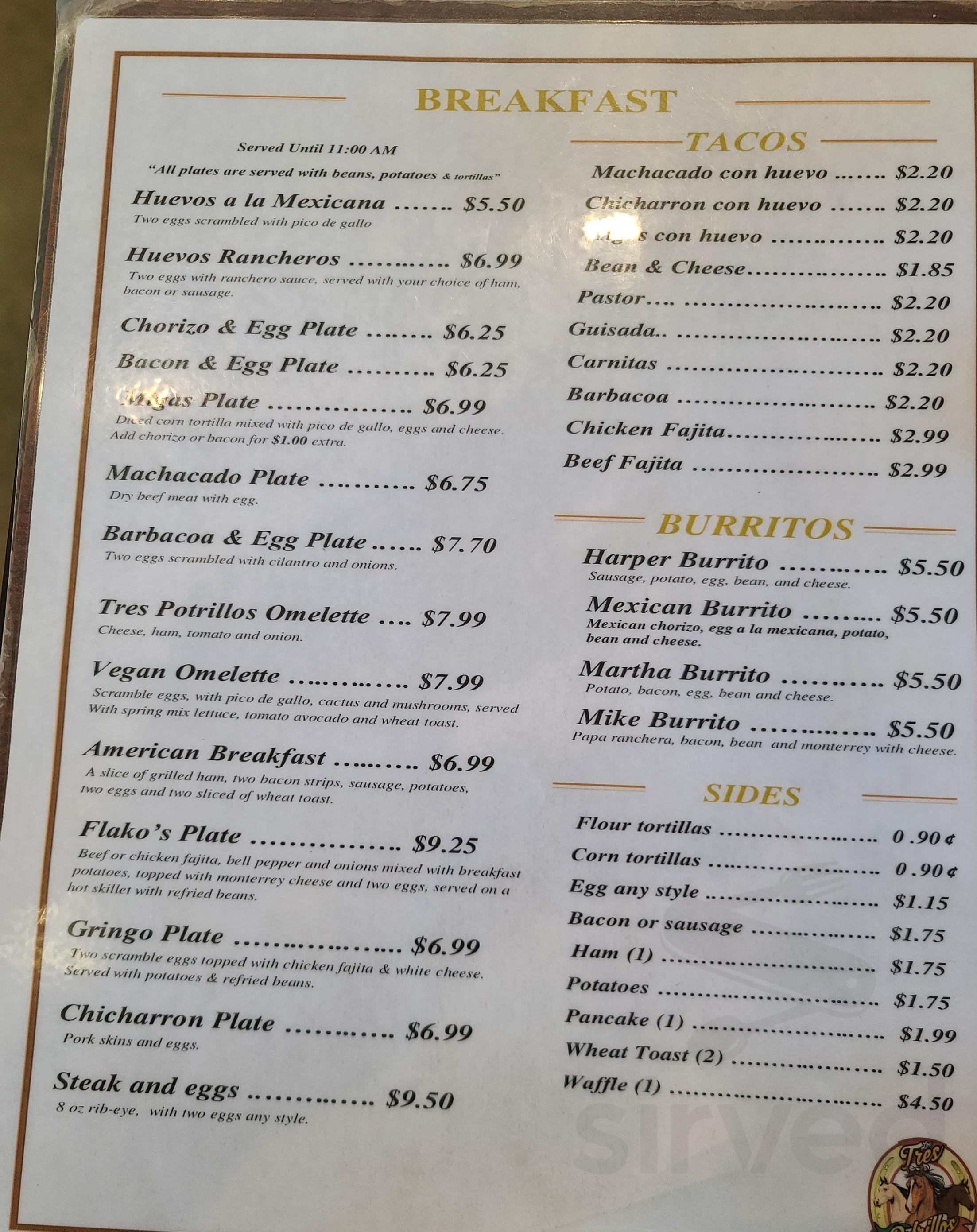 Menu for Los tres potrillos in Harper, TX | Sirved