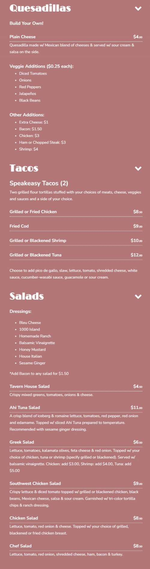 The Speakeasy Tavern menu in Greensboro, North Carolina, USA