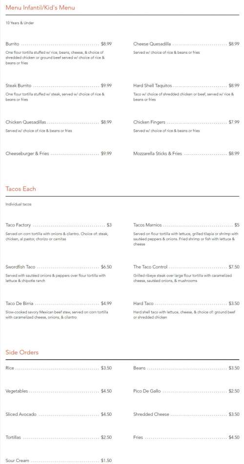 Taco Factory menu in Congers, New York, USA