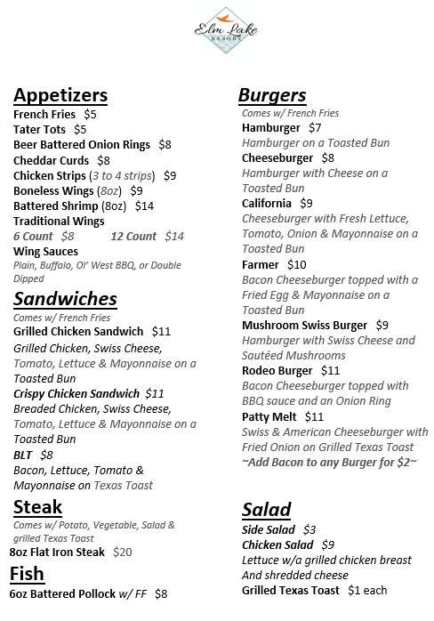 Elm Lake Resort menu in Frederick, South Dakota, USA