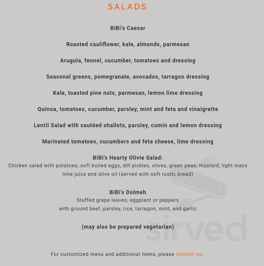BiBi Mediterranean Inspired Food and Specialties menu in Kirkland ...