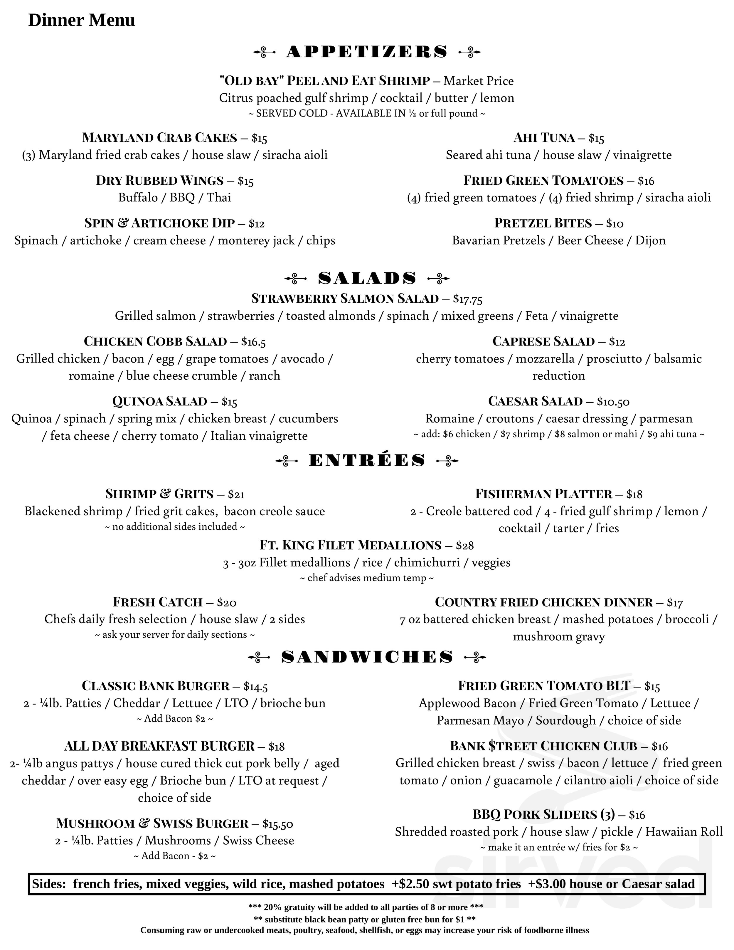Bank Street Patio Bar menu in Ocala, Florida, USA