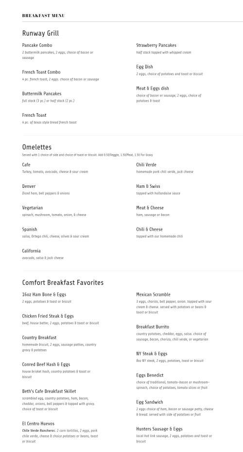 Flight 126 Cafe menu in Santa Paula, California, USA