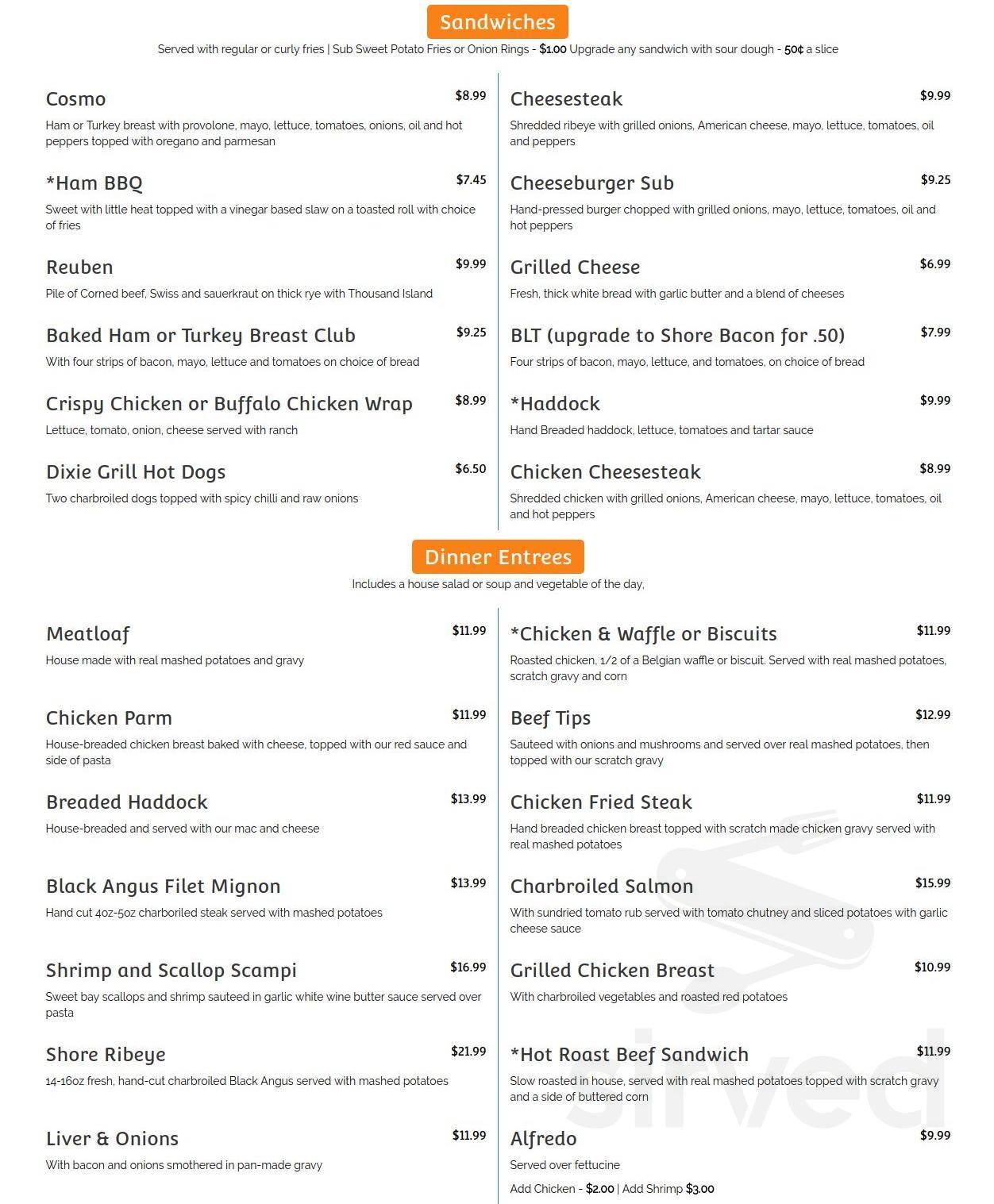 The Shore Diner menu in Jersey Shore, Pennsylvania, USA