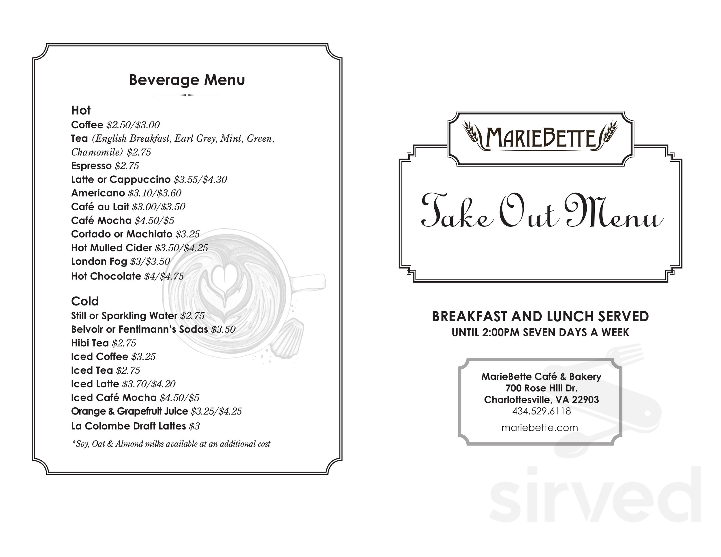 MarieBette Café and Bakery menu in Charlottesville, Virginia, USA