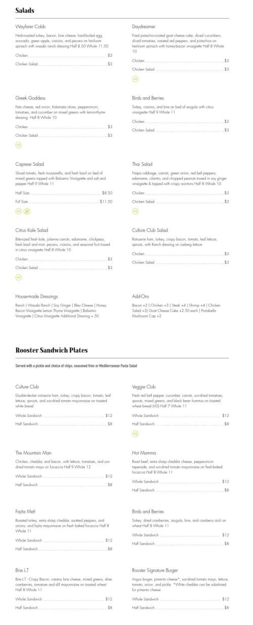 The Rooster One Thirty Six menu in Hartsville, South Carolina, USA