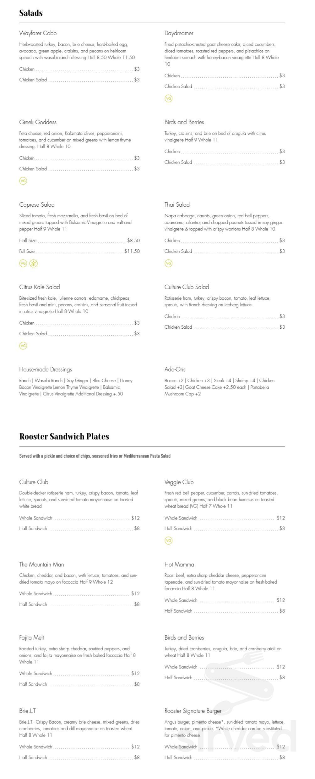 The Rooster One Thirty Six menu in Hartsville, South Carolina, USA