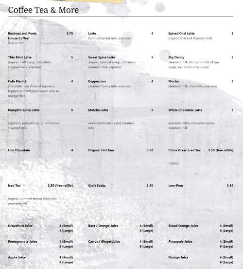 Busboys and Poets menu in Hyattsville, Maryland, USA