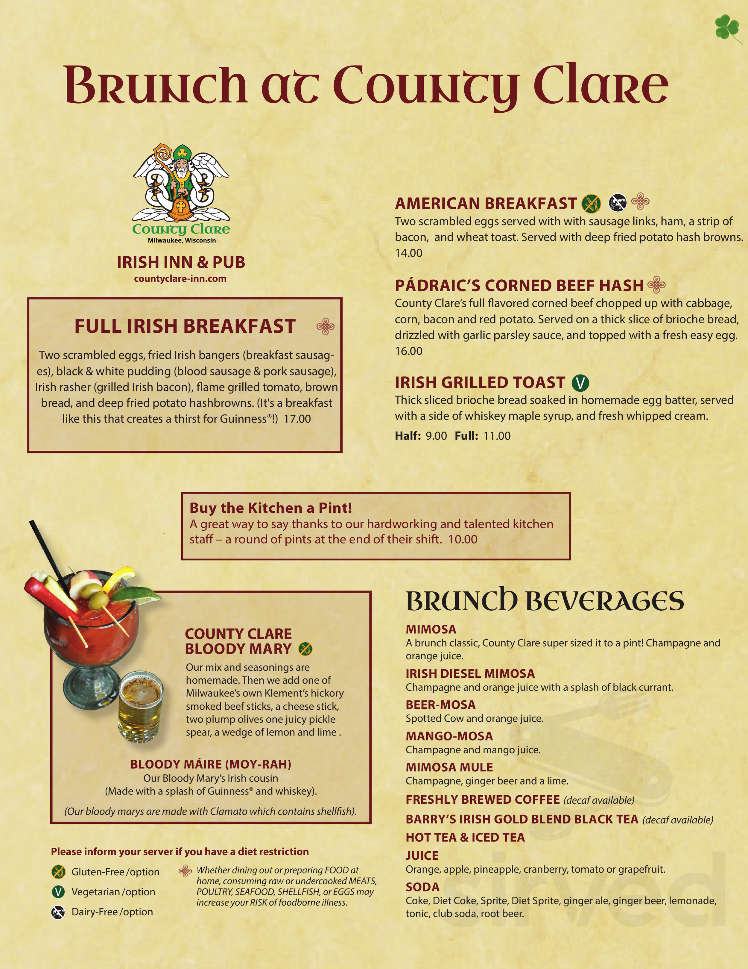 Menu for County Clare Irish Inn & Pub in Milwaukee, WI | Sirved