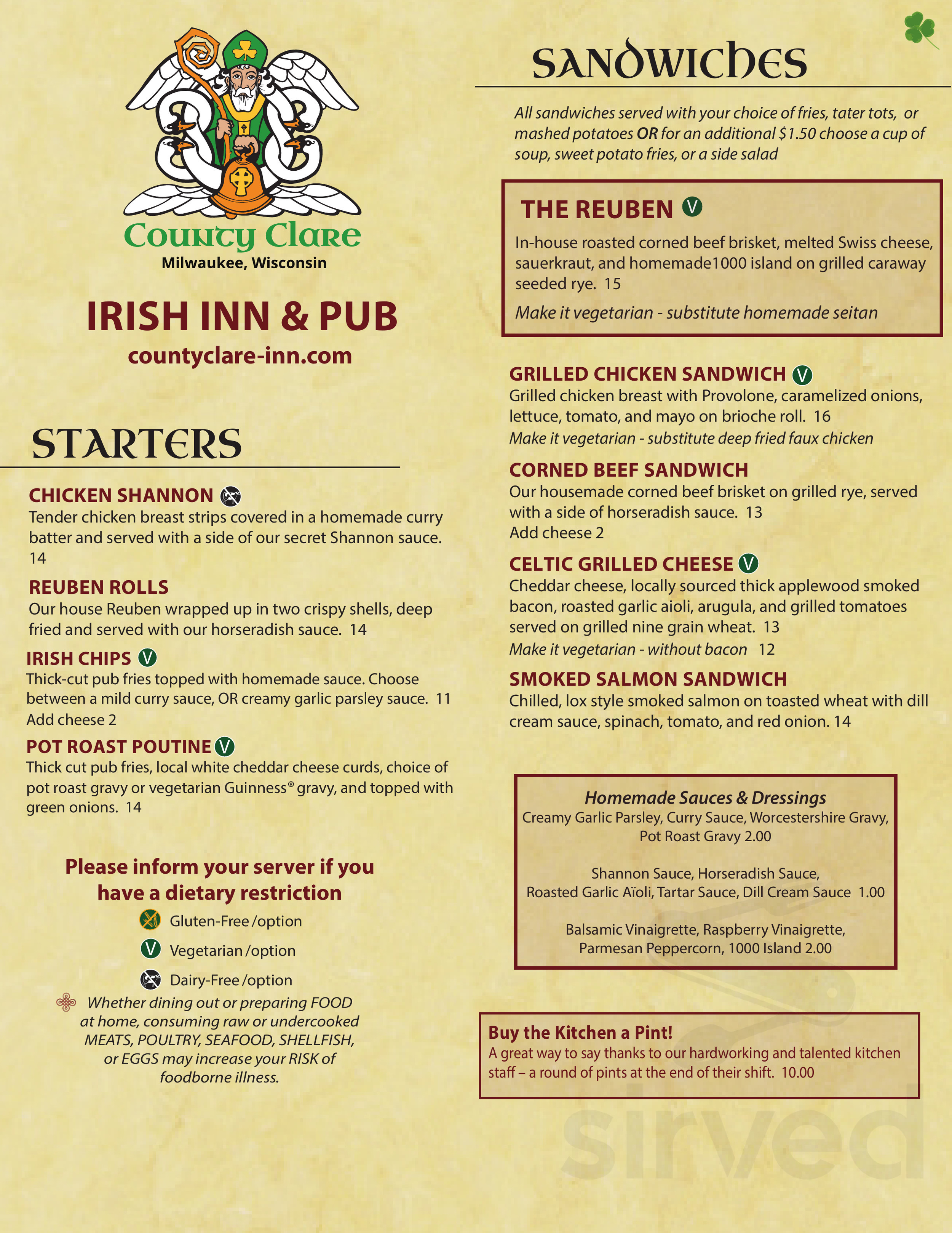 Menu for County Clare Irish Inn & Pub in Milwaukee, WI | Sirved