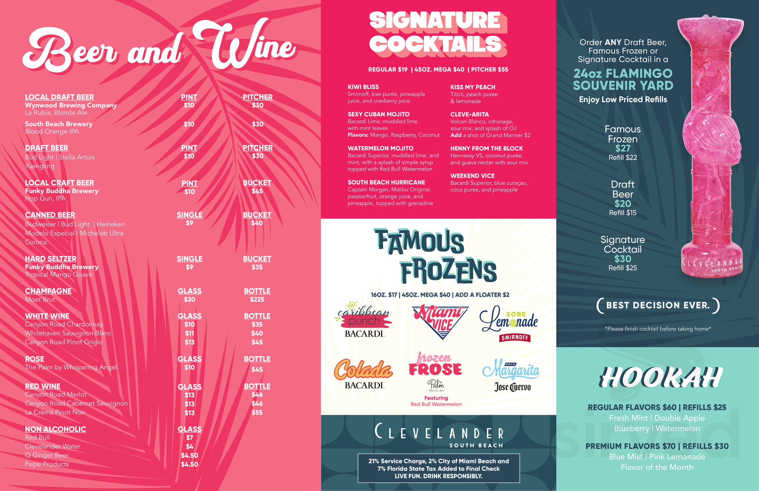 Clevelander South Beach Hotel and Bar menu in Miami Beach, Florida, USA
