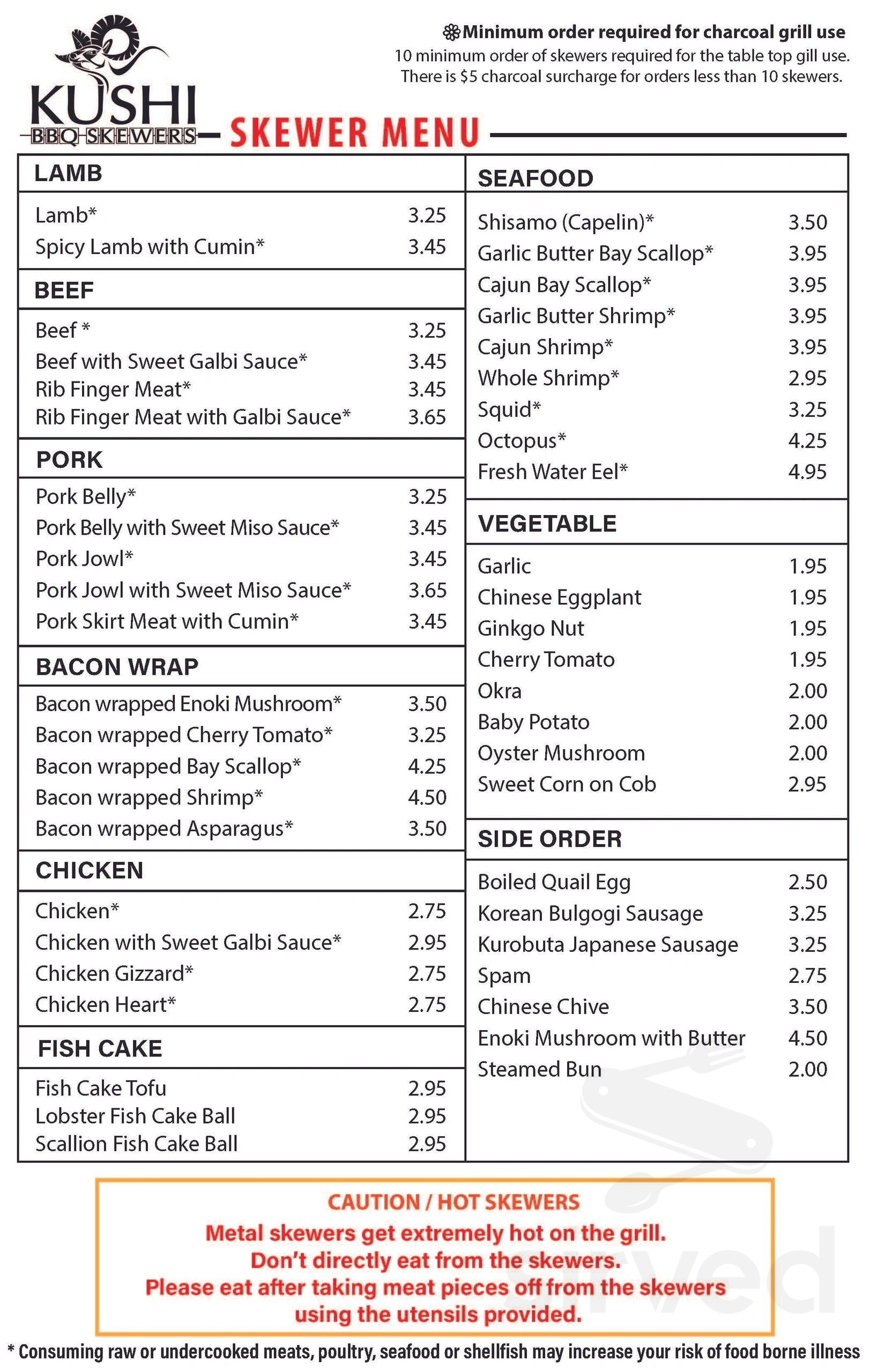 Kushi BBQ Skewers menu in Las Vegas, Nevada, USA