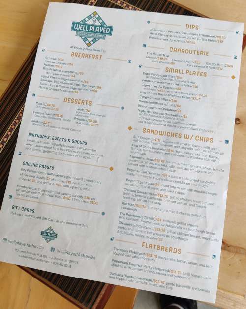 Well Played Board Game Café menu in Asheville, North Carolina, USA