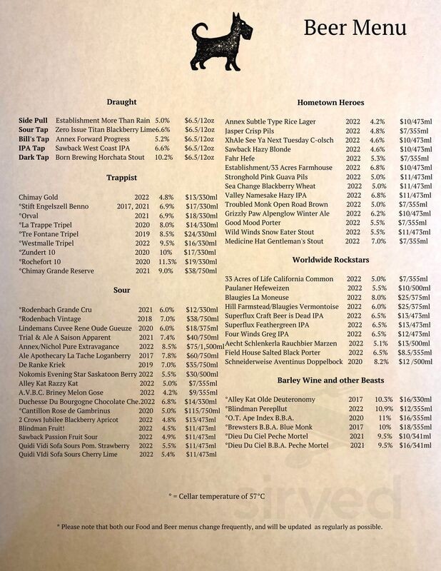 Rain Dog Bar menu in Calgary, Alberta, Canada