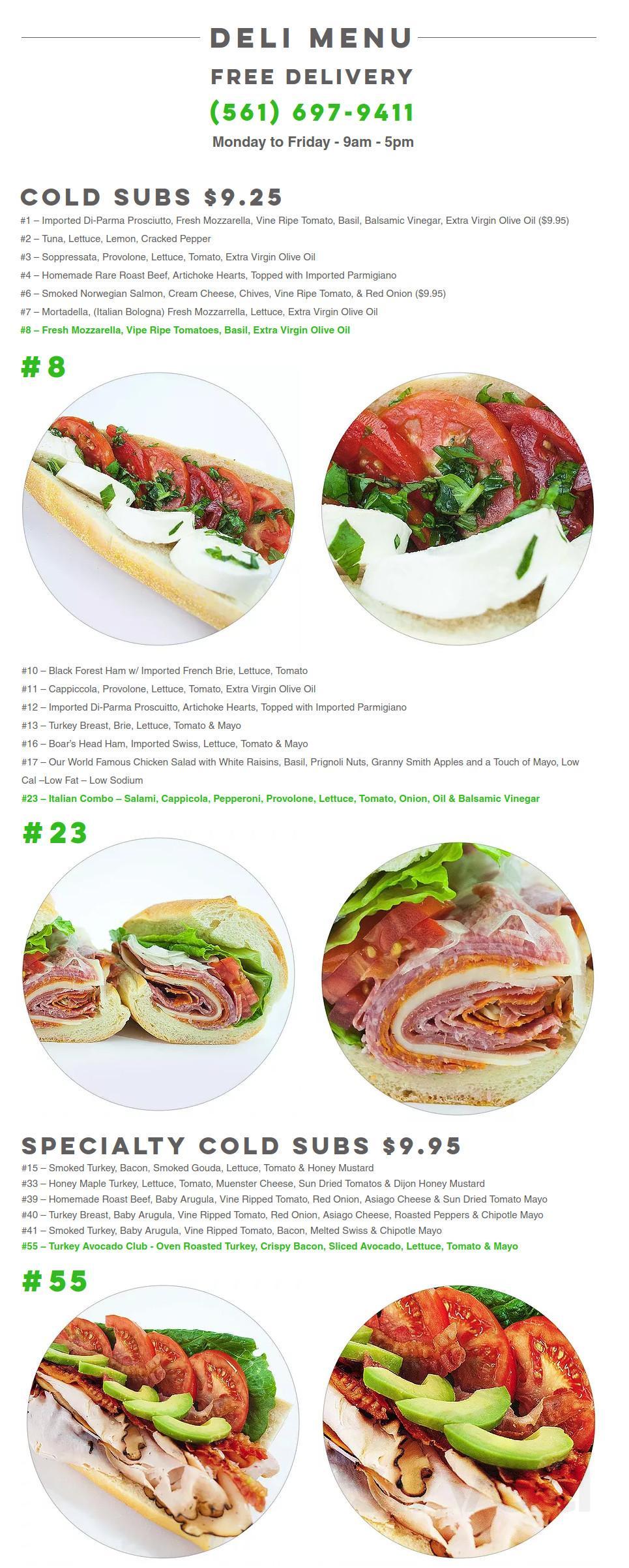 Manzo's Italian Deli menu in West Palm Beach, Florida, USA