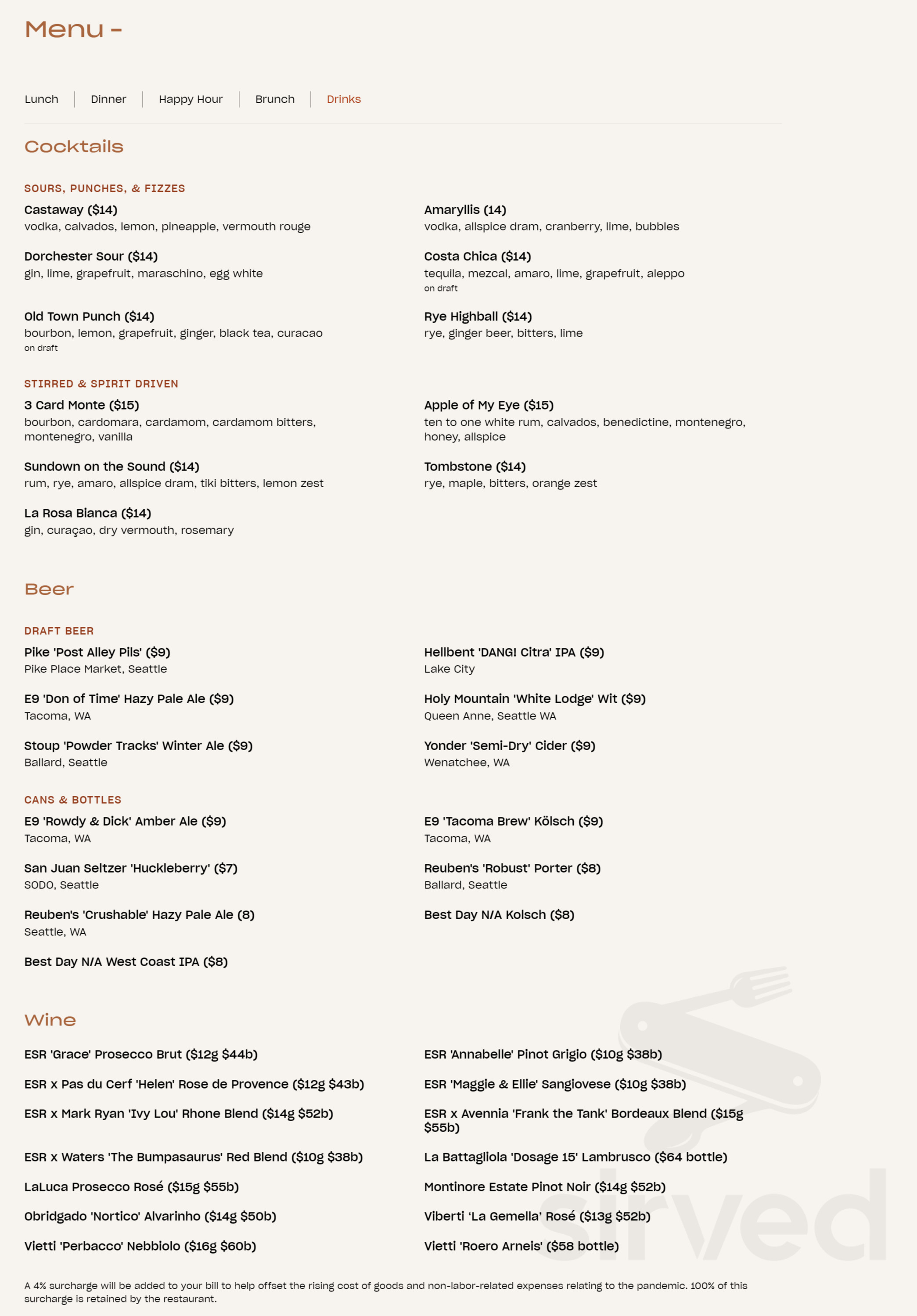 The Victor Tavern menu in Seattle, Washington, USA