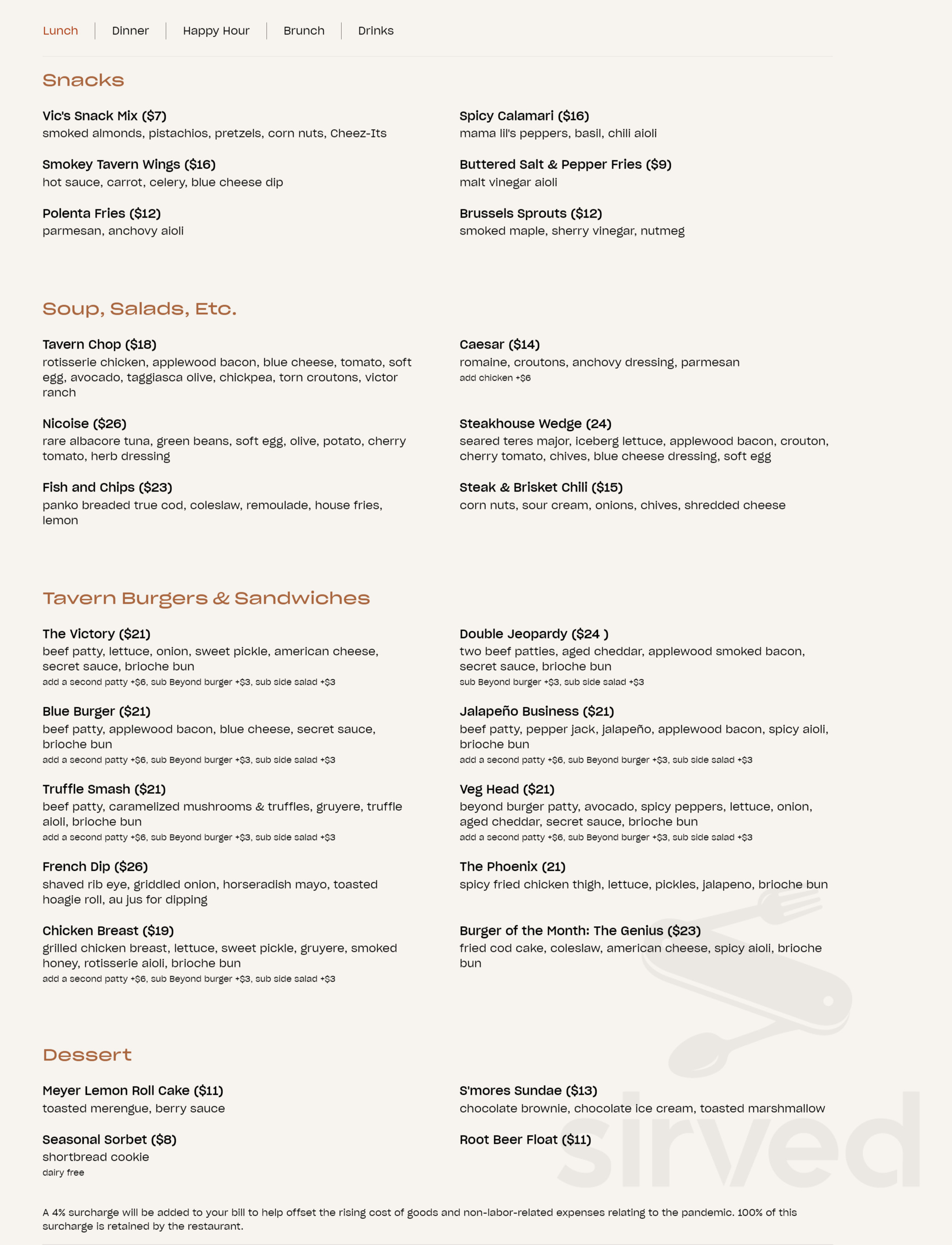 The Victor Tavern menu in Seattle, Washington, USA