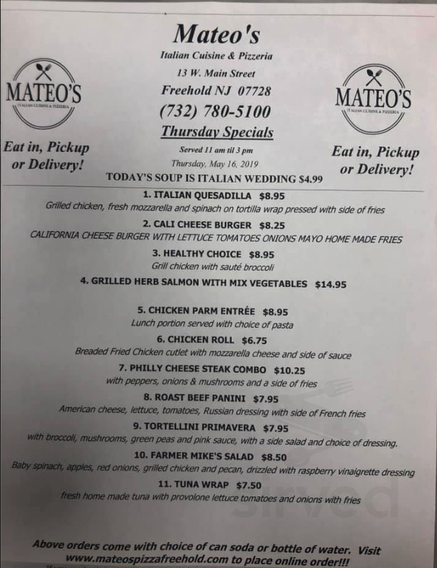 Menu for Mateo's in Freehold, NJ | Sirved