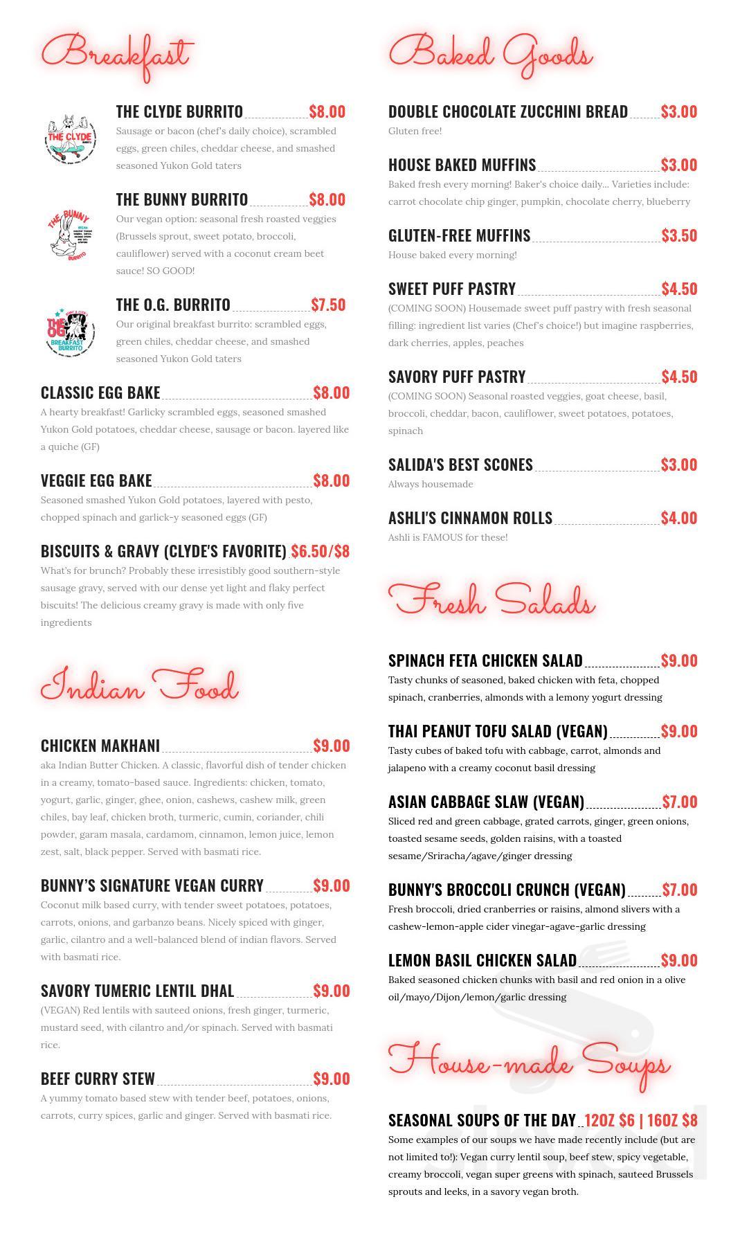 Bunny and Clyde's Corner Cafe and Market menus in Salida, Colorado ...