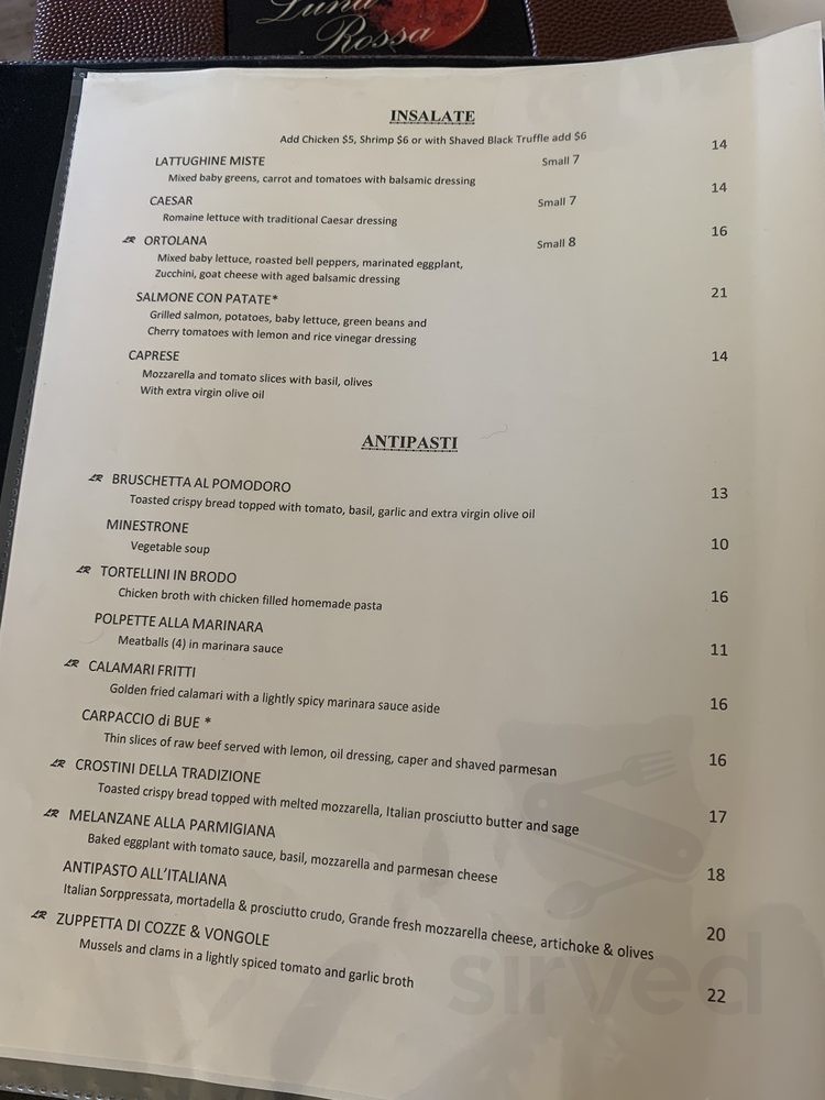 Luna Rossa menu in Tustin, California, USA