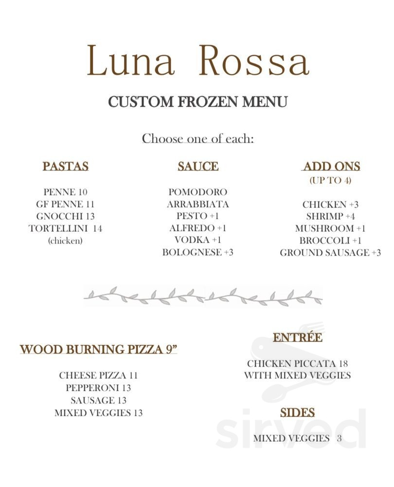 Luna Rossa menu in Tustin, California, USA