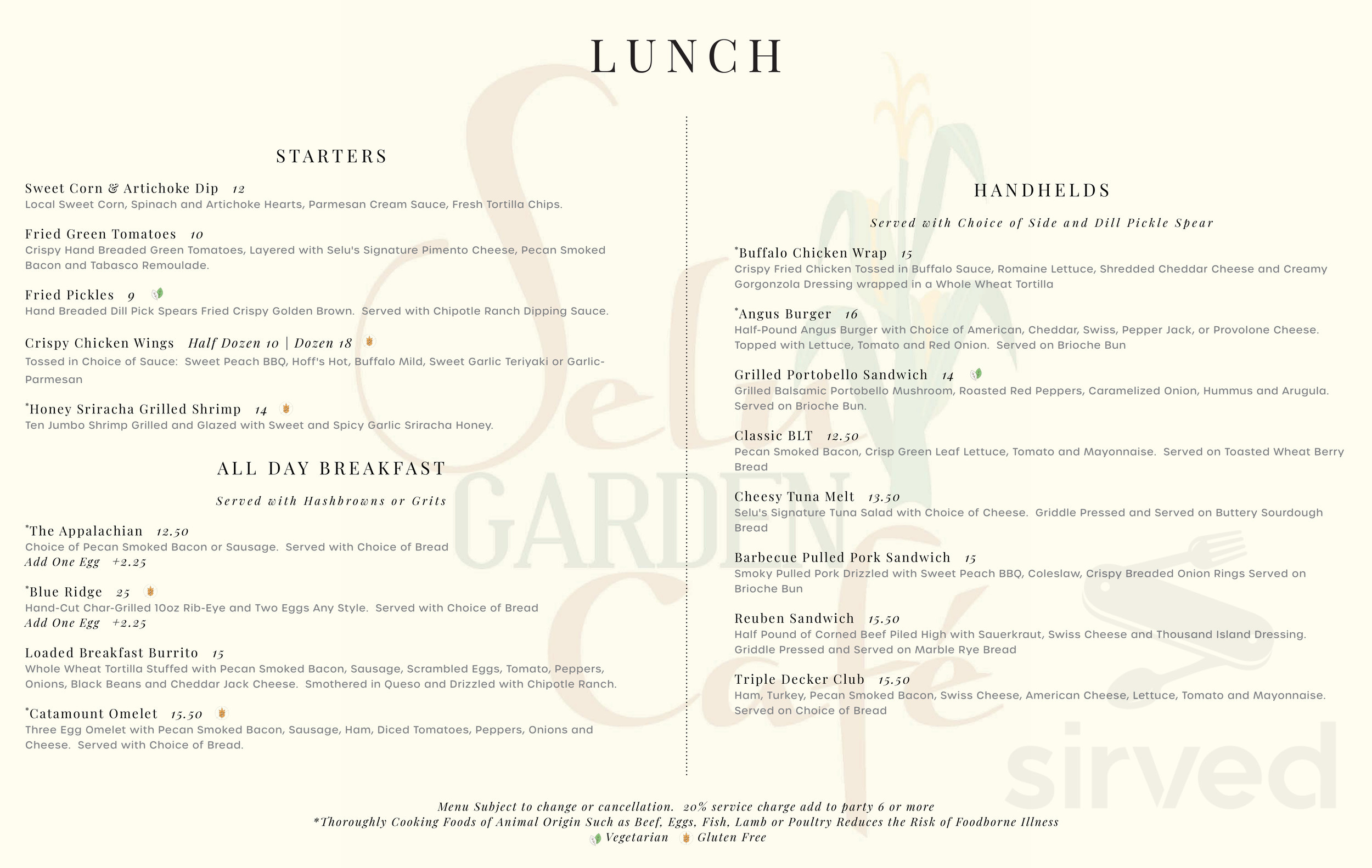Menu for Selu Garden Café in Cherokee, NC | Sirved