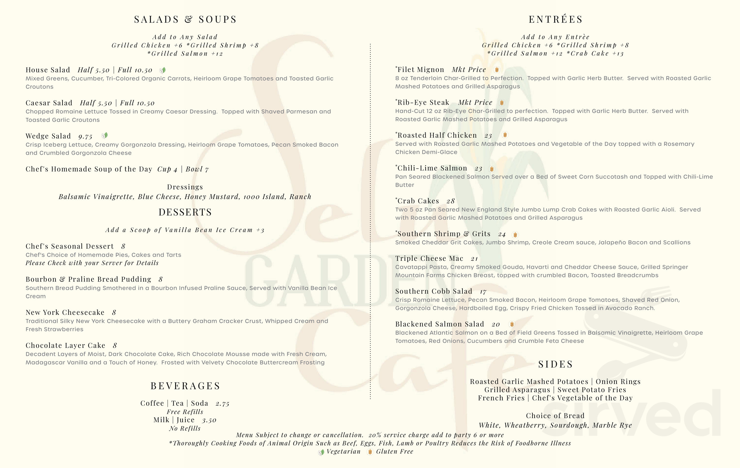 Selu Garden Café menu in Cherokee, North Carolina, USA