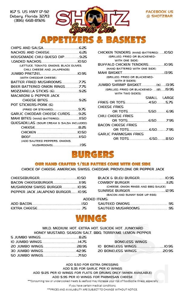 Shotz menu in DeBary, Florida, USA